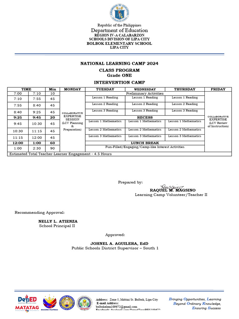 NLC Class Programs 2024 | PDF | Teachers | Cognition