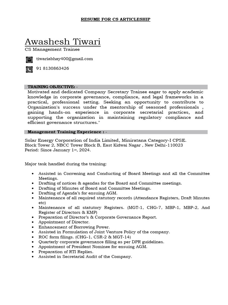 Awashesh Tiwari: Resume For Cs Articleship | PDF | Business