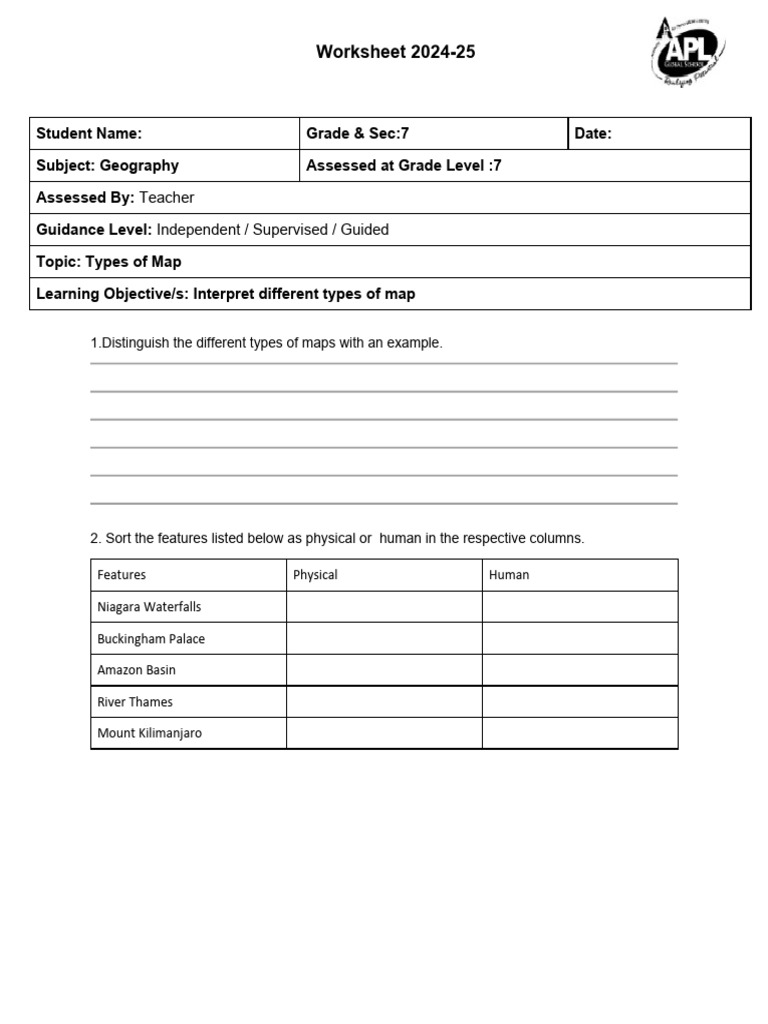 WS No 1 GR 7 Geography Types of Map 24 25 | PDF