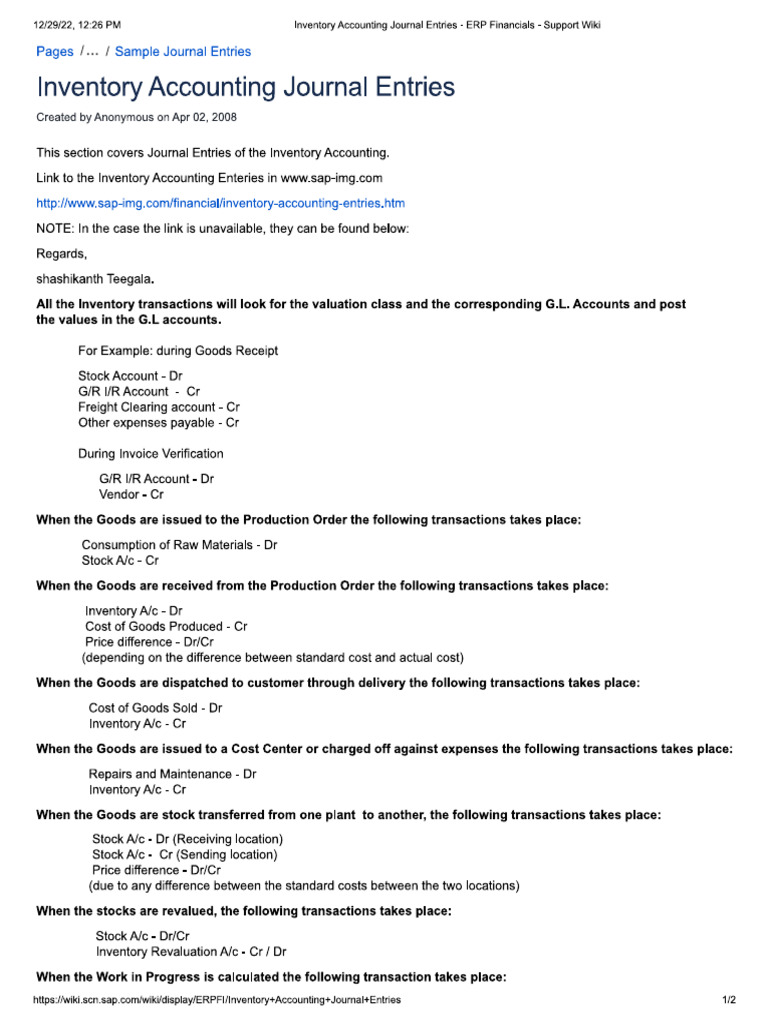 Accounting Entries of Inventory in SAP | PDF