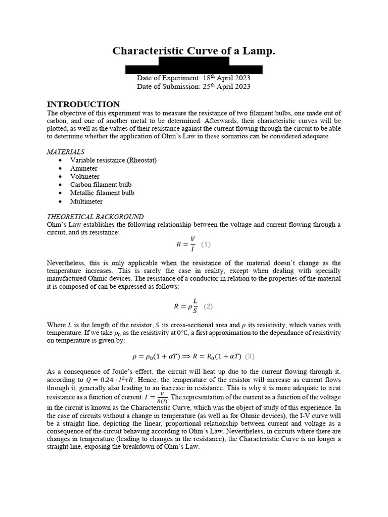 E17 CharacteristicCurveofaLamp | PDF | Electrical Resistance And Conductance | Incandescent ...