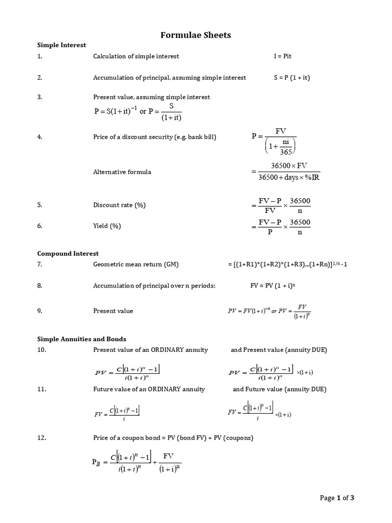 Formulae Sheets | PDF | Present Value | Interest