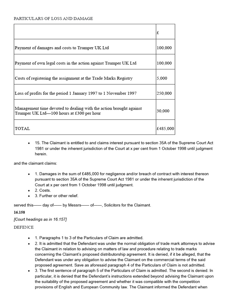 Chapter 16 - PARTICULARS OF LOSS AND DAMAGE | PDF | Prior Art | Negligence