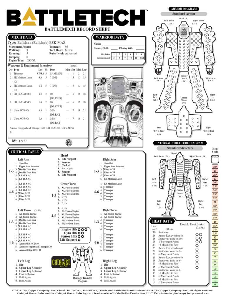 Bullshark BattleMech Record Sheet | PDF | Battle Tech