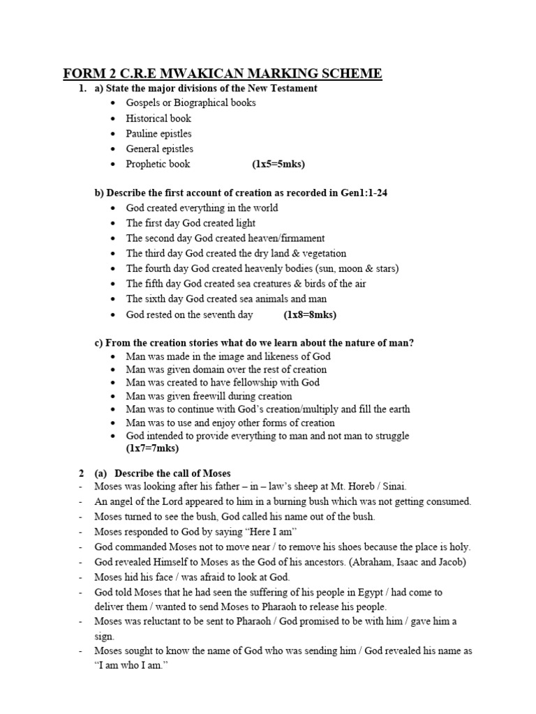 Marking Scheme Form 2 Cre Mod23042022001 | PDF | Moses | Jesus
