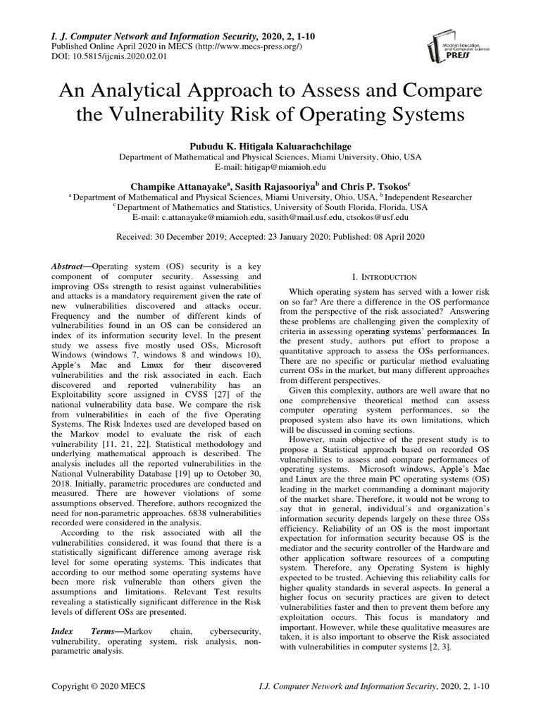 An Analytical Approach To Assess And Compare The Vulnerability Risk Of Operating Systems Pdf