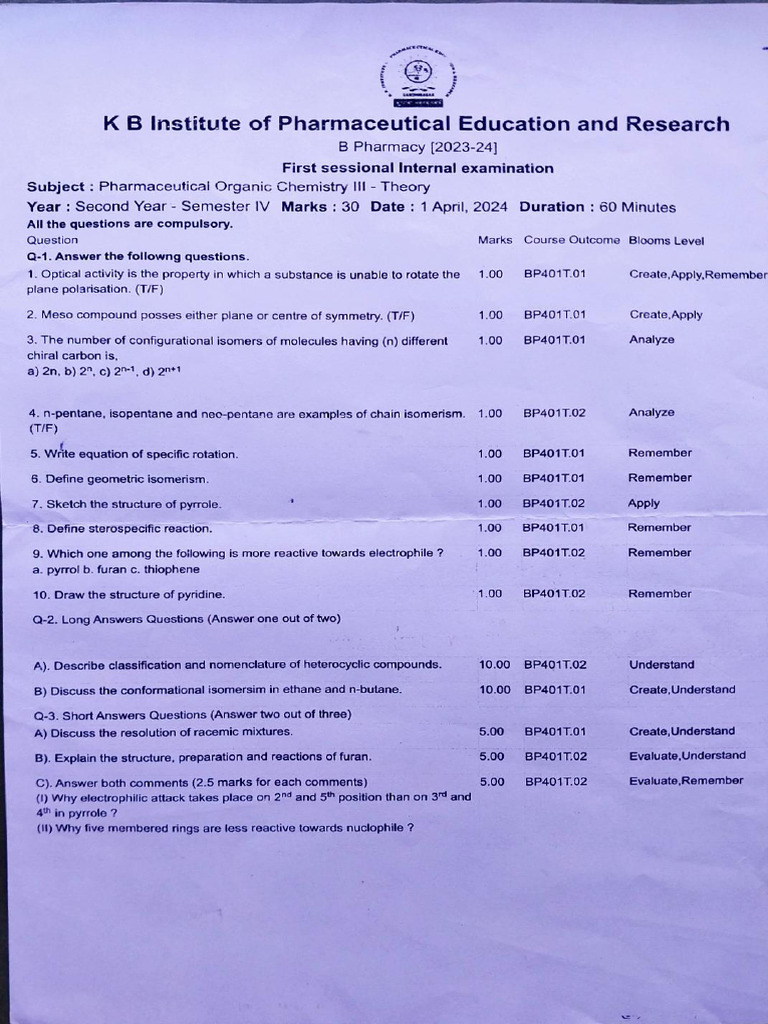 1st & 2nd Sessional Exam Paper Sem 4 | PDF | Emulsion | Colloid 1st & 2nd Sessional Exam Paper Sem 4 | PDF | Emulsion | Colloid