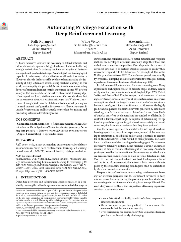 Automating Privilege Escalation With Deep Reinforcement Learning | PDF | Computer Security ...
