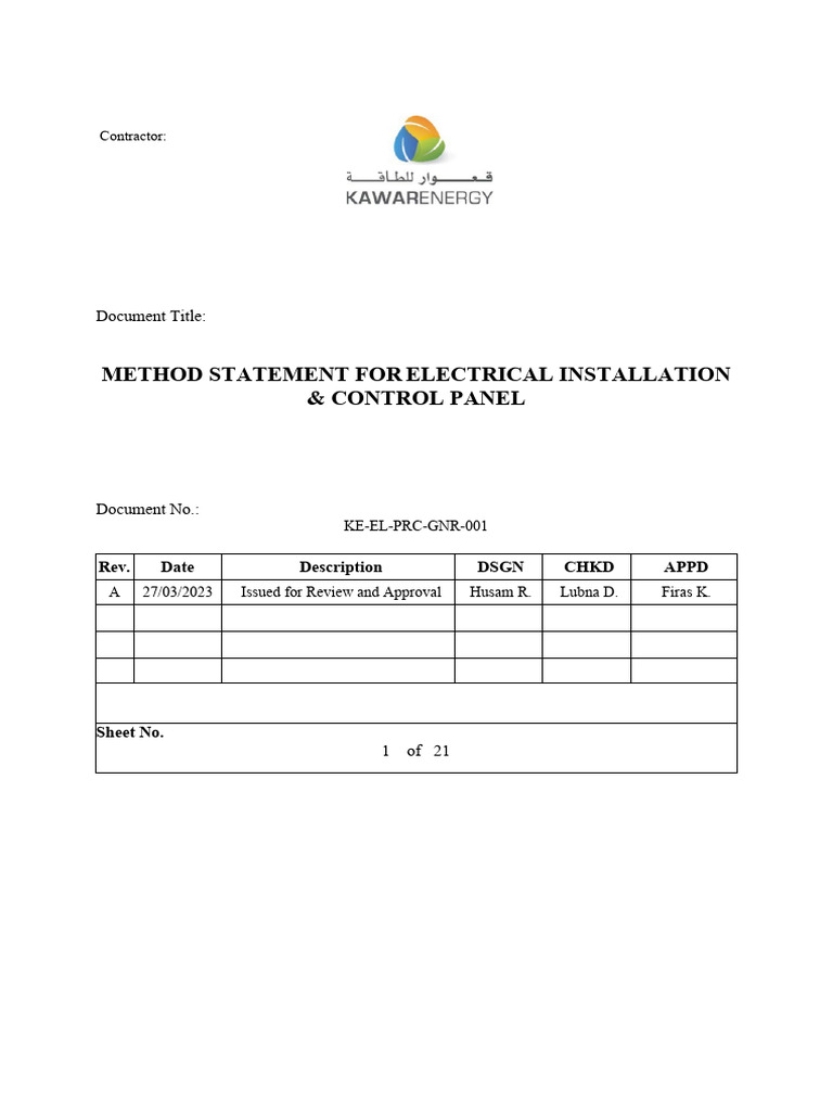 KE-EL-PRC-GNR-001 MS for Electrical Inst. & Control Panel | PDF | Electrical Wiring | Electrician