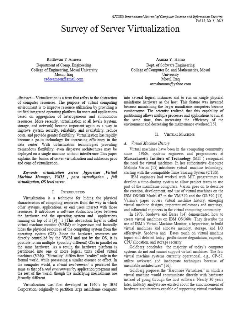Survey of Server Virtualization: Radhwan Y Ameen Asmaa Y. Hamo | PDF | Virtualization | Virtual ...