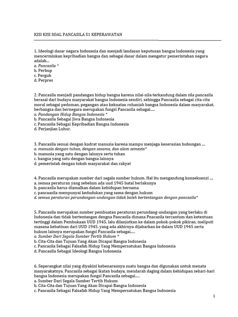 KISI - KISI SOAL UTS PANCASILA S1 KEP 2024 NEW | PDF