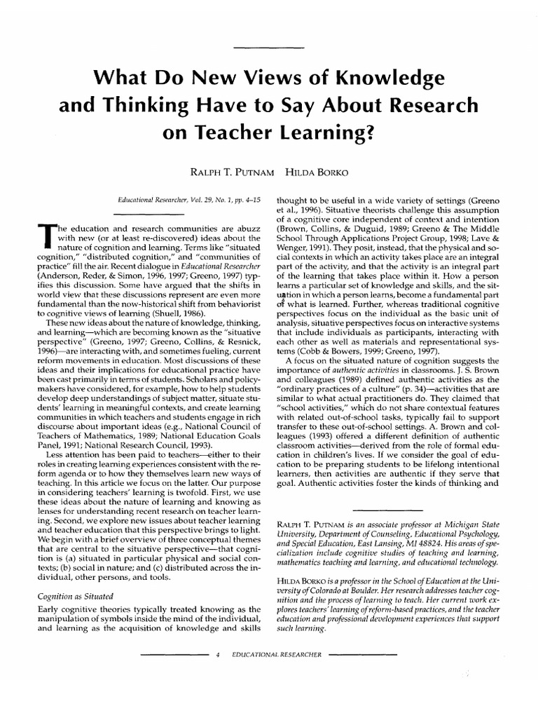 Putnam Borko 2000 What Do New Views of Knowledge and Thinking Have To Say About Research On ...