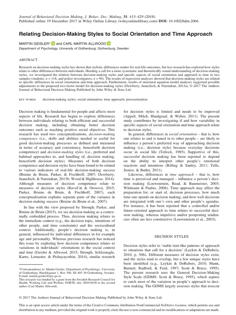 Behavioral Decision Making - 2017 - Geisler - Relating Decision Making ... Behavioral Decision Making - 2017 - Geisler - Relating Decision Making ...