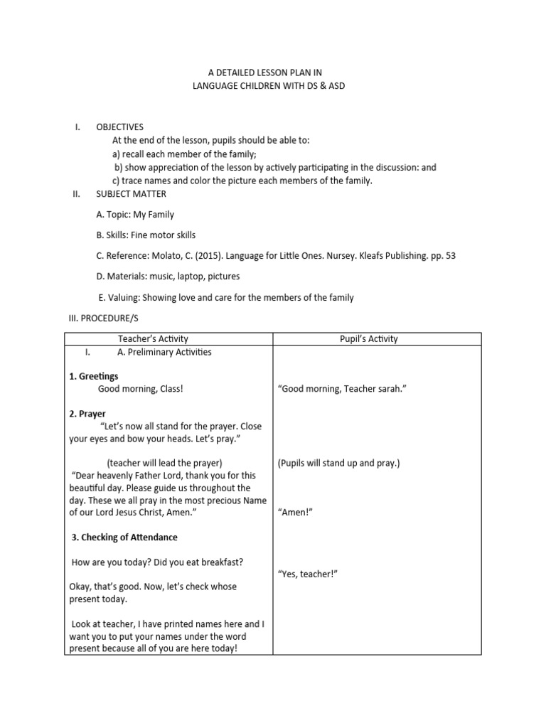 Lesson Plan: Family for Kids with DS & ASD | PDF | Prayer | Lesson Plan
