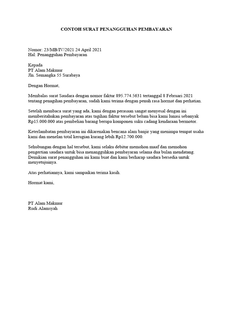 Contoh Surat Penangguhan Pembayaran | PDF