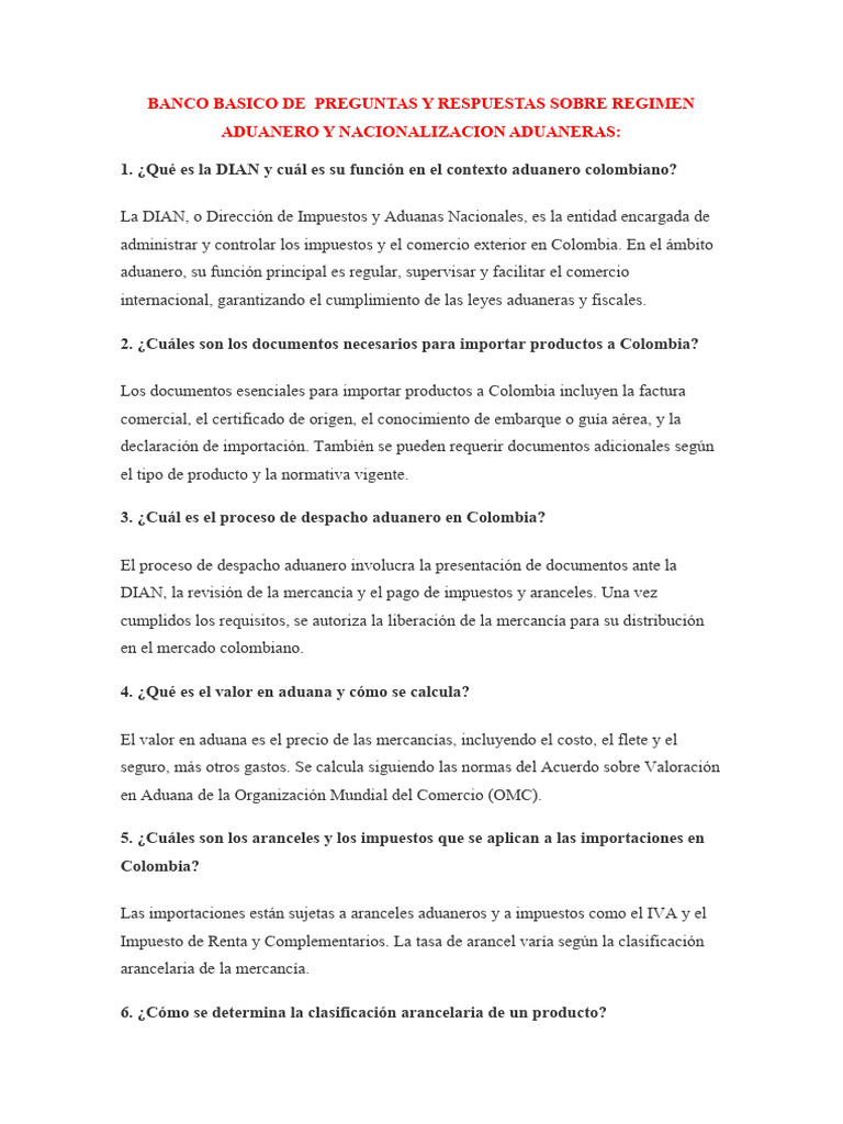 31. BANCO BASICO DE PREGUNTAS Y RESPUESTAS SOBRE REGIMEN ADUANERO Y NACIONALIZACION ADUANERAS ...