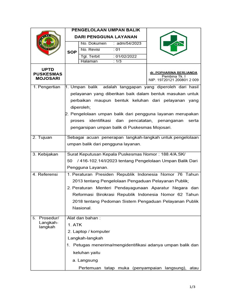 Sop Pengelolaan Umpan Balik Dari Pengguna Layanan | PDF