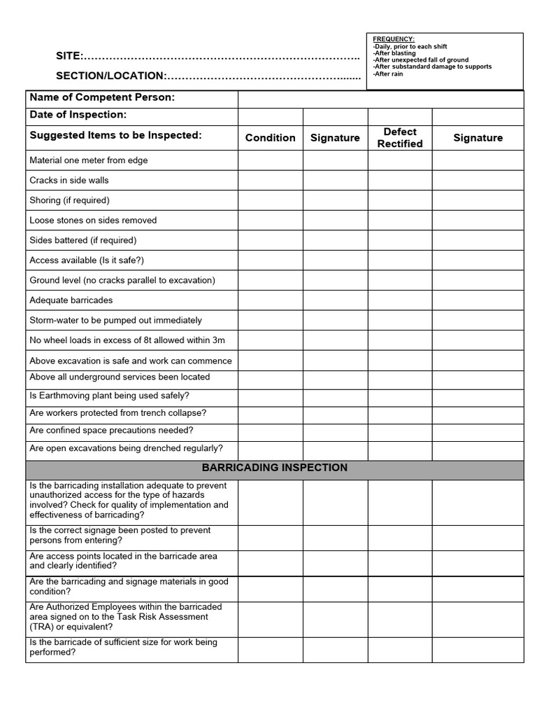 Excavation Checklist | PDF | Working Conditions | Safety