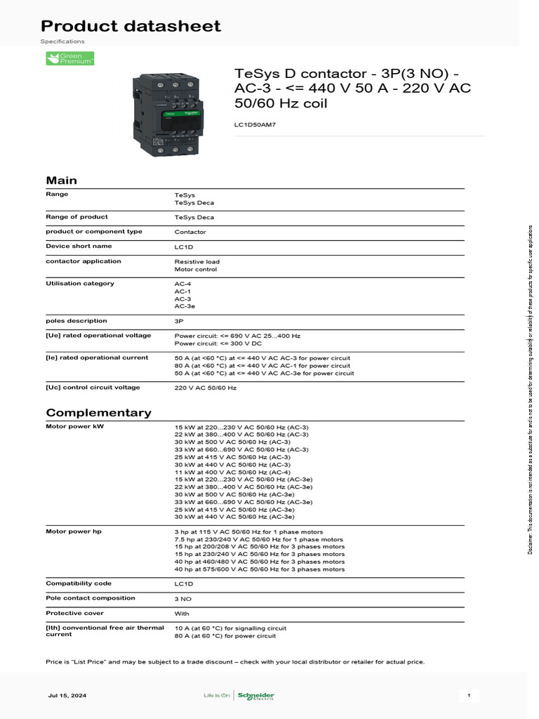 Schneider Electric - TeSys-D - LC1D50AM7 | PDF | Computers