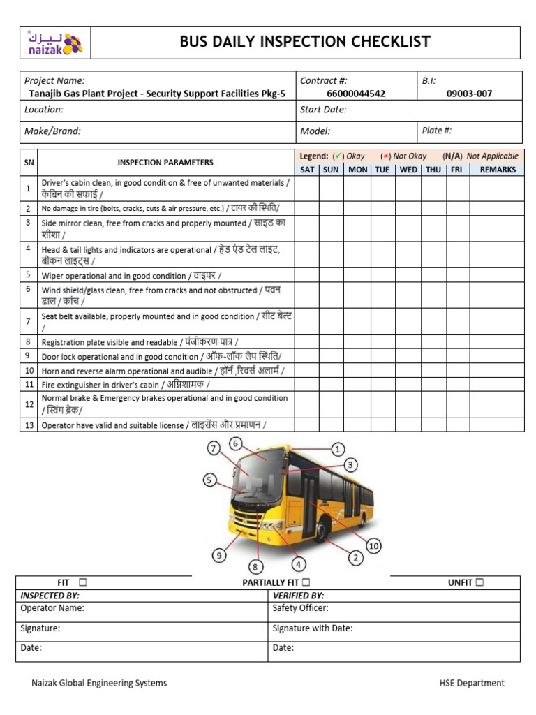 Bus Daily Inspection Checklist: Tanajib Gas Plant Project - Security ...