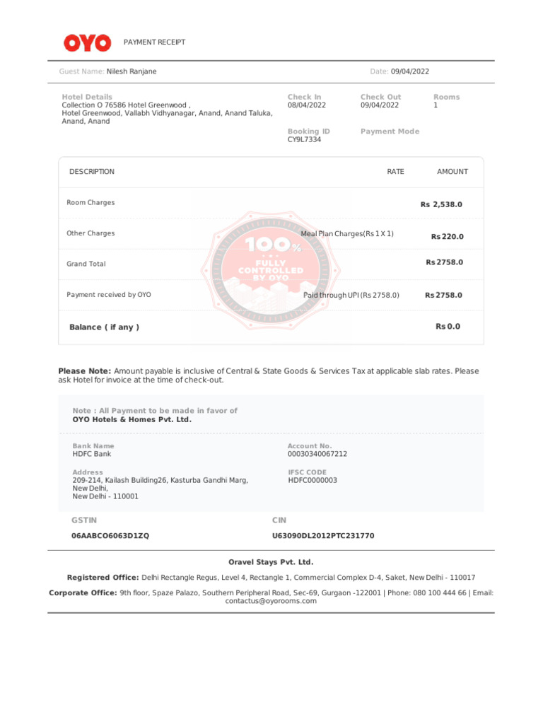 Payment Receipt .Oyo | PDF | Receipt | Payments