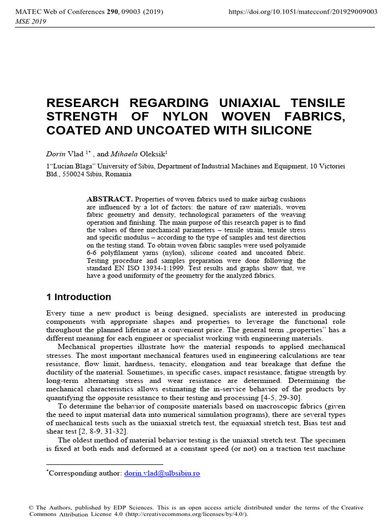 Research Regarding Uniaxial Tensile Strength of Nylon Woven Fabrics, Coated and Uncoated With ...