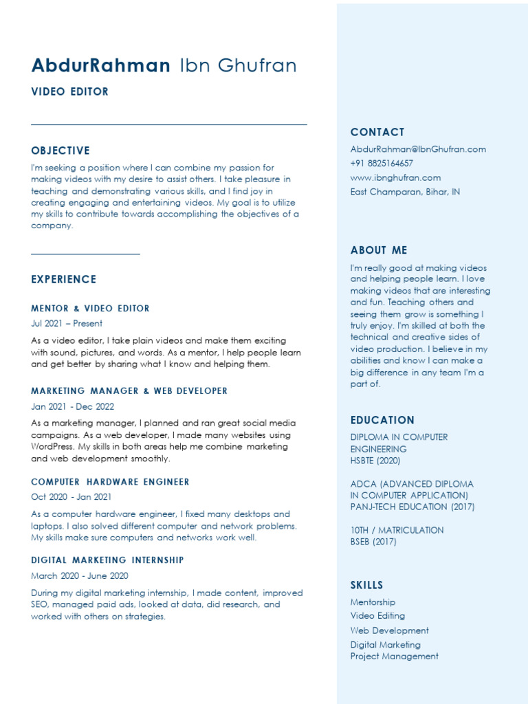 CV Resume As A Video Editor For AbdurRahman Ibn Ghufran 2024 1 | PDF | Digital Marketing | Computing