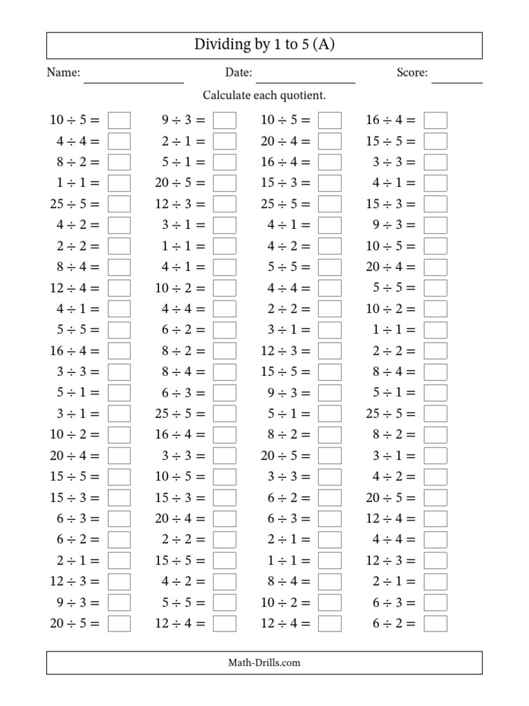 Division Facts 1-5 Worksheet | PDF | Division (Mathematics) | Arithmetic