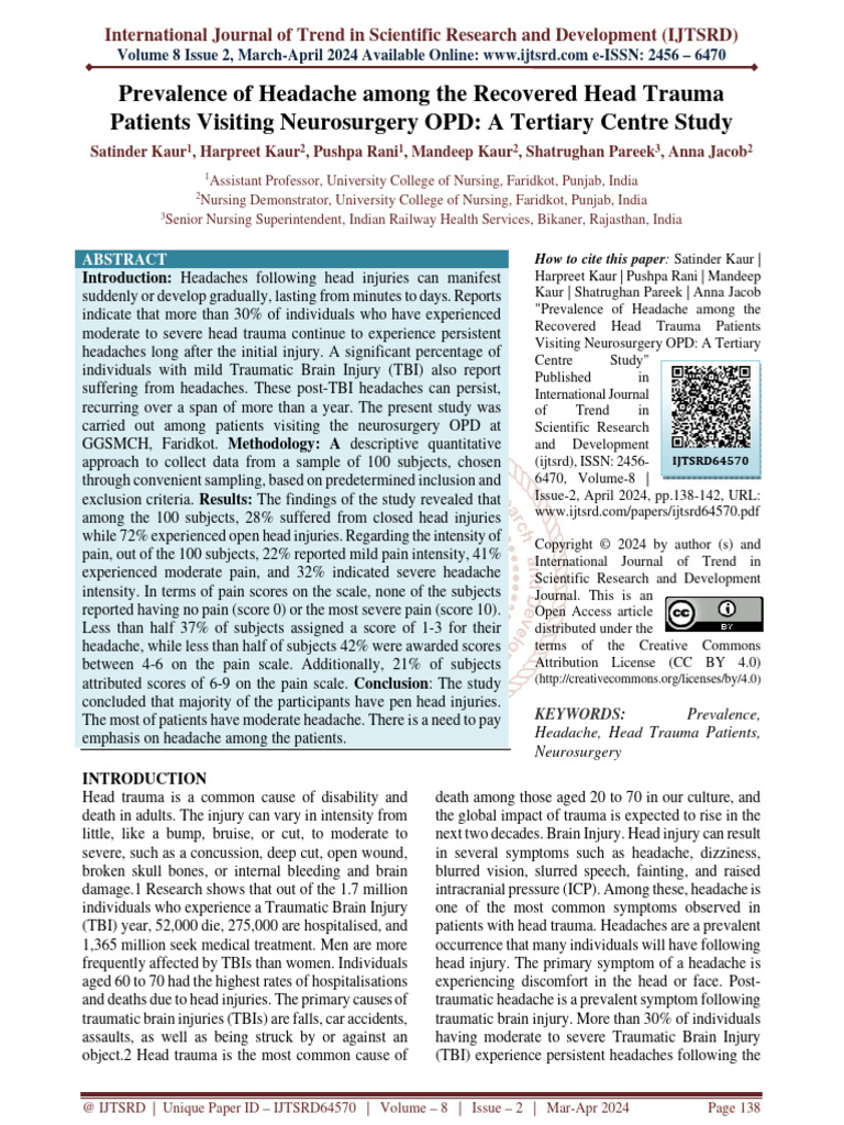 Prevalence of Headache Among The Recovered Head Trauma Patients ...