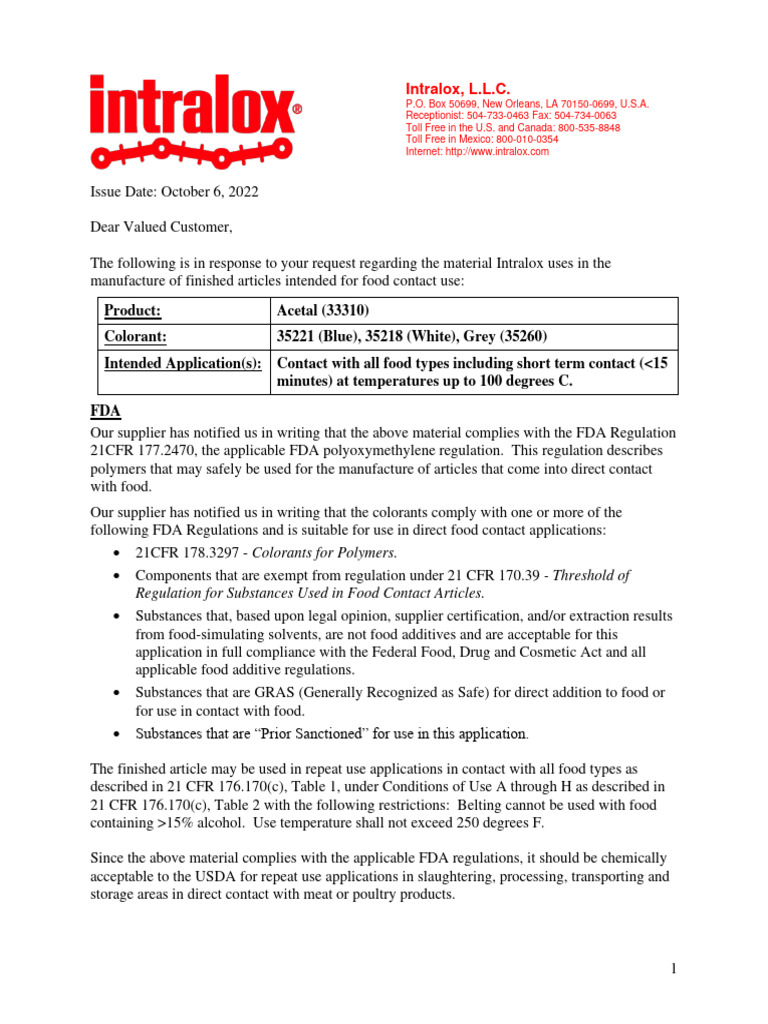 Intralox Compliance Letter | PDF | Plastic | Food Safety