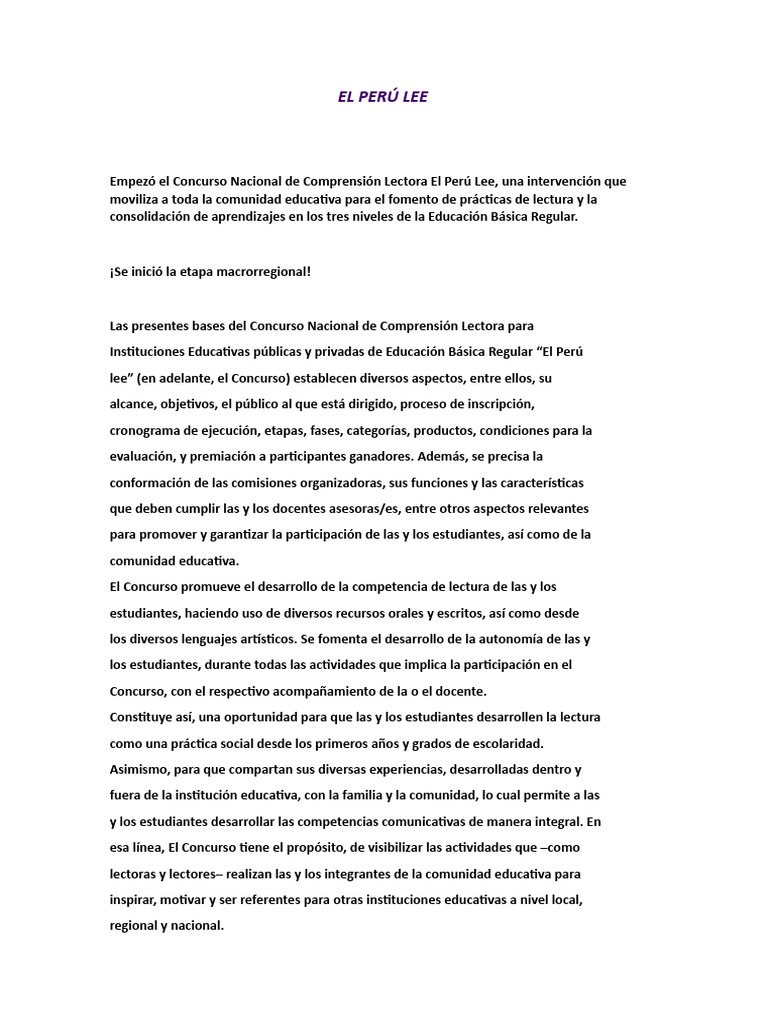 EL PERÚ LEE | PDF | Educación primaria | Comprensión lectora