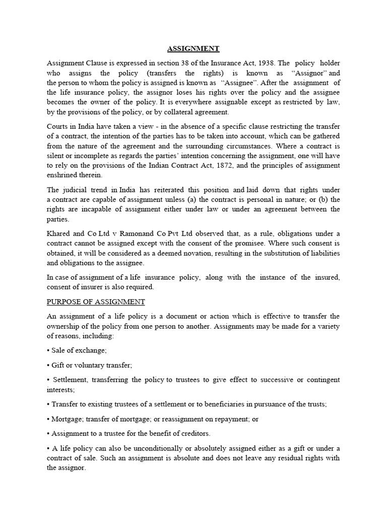 Assignment in Insurance | PDF | Assignment (Law) | Private Law
