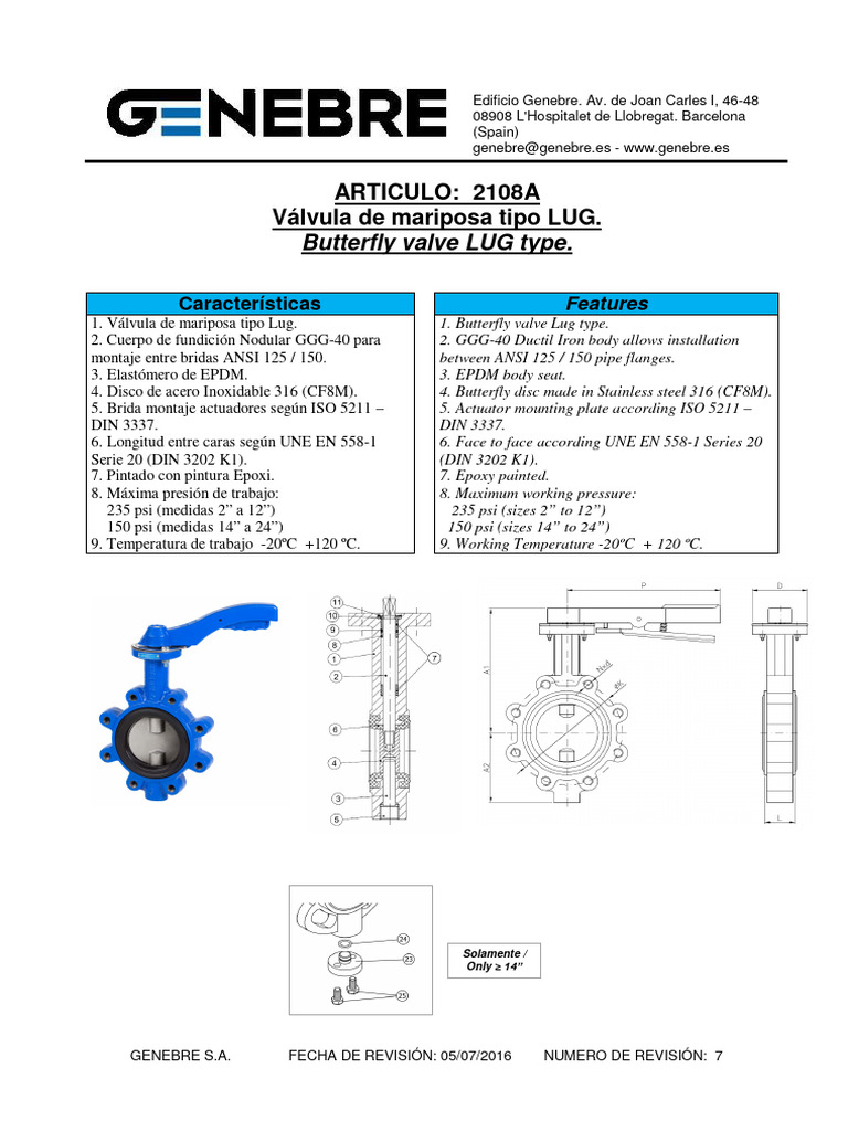 Articulo: 2108A Válvula de Mariposa Tipo LUG.: Butterfly Valve LUG Type ...