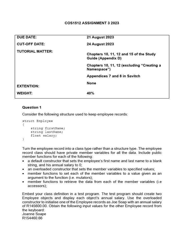 COS1512 ASSIGNMENT 3 2023 | PDF | Class (Computer Programming ... COS1512 ASSIGNMENT 3 2023 | PDF | Class (Computer Programming ...