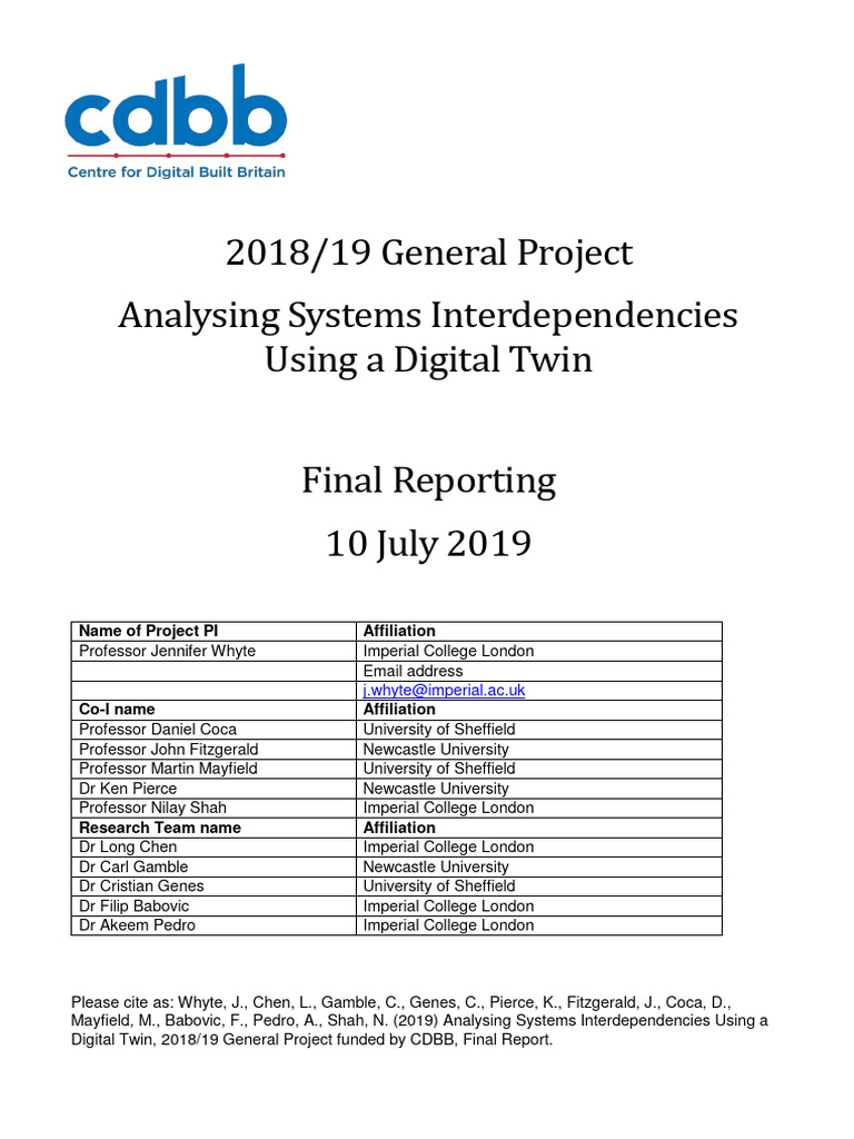 CDBB Final Report Analysing Systems Interdependencies Using The Digital Twin 1 - Prof Jennifer ...