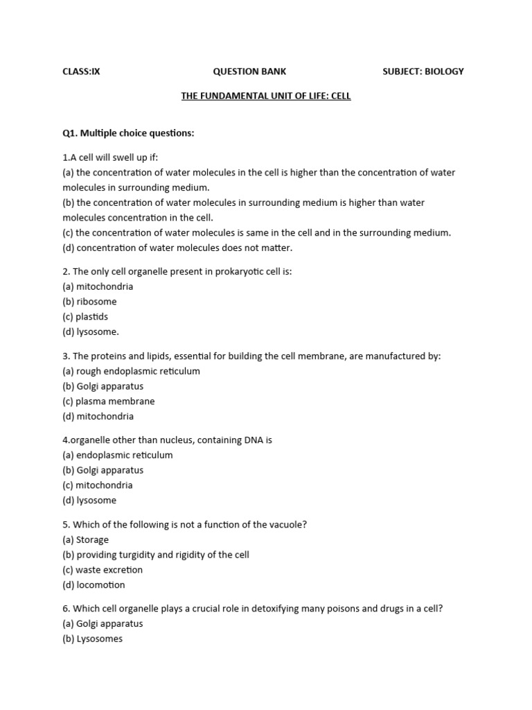 Question Bank Grade 9 | PDF | Tissue (Biology) | Cell (Biology)