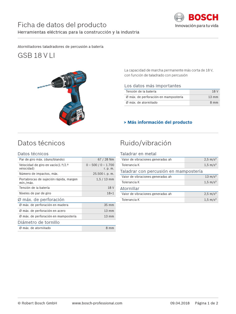 Atornillador Bosch GSB 18-V-Li | PDF | Perforación | Perforar