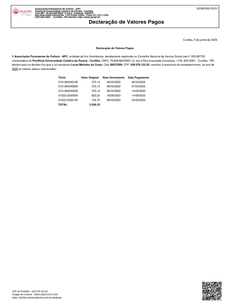 Declaracao Valores Pagos 2023 2 | PDF