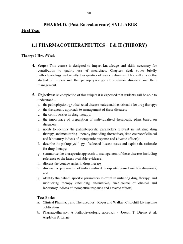 PB Pharmd 4th Year Syllabus | PDF | Pharmacy | Pharmacokinetics
