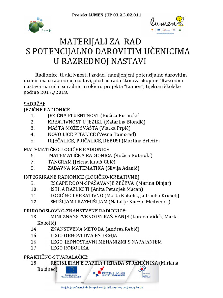 Materijali Za Rad s Potencijalno Darovitim Učenicima u Razrednoj ...