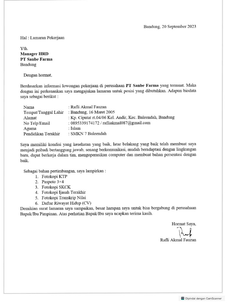 Lamaran Kerja Rafli Akmal Fauzan | PDF