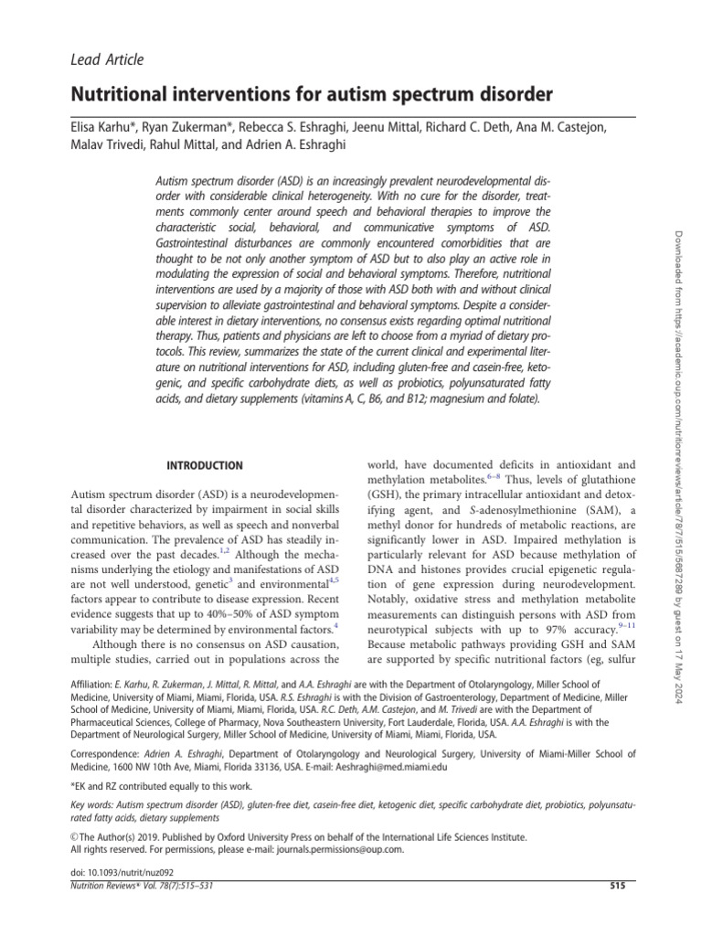 Nutritional Interventions For Autism Spectrum Disorder | PDF | Autism ...
