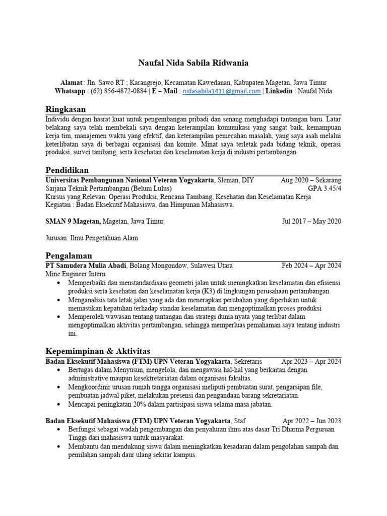 CV Naufal Nida | PDF