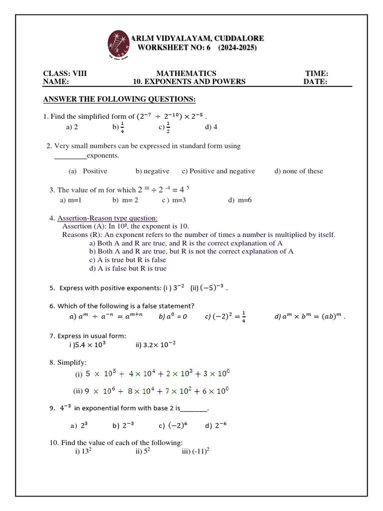 CH-10 EXPONENTS and POWER - WS-6 | PDF | Exponentiation | Elementary ...
