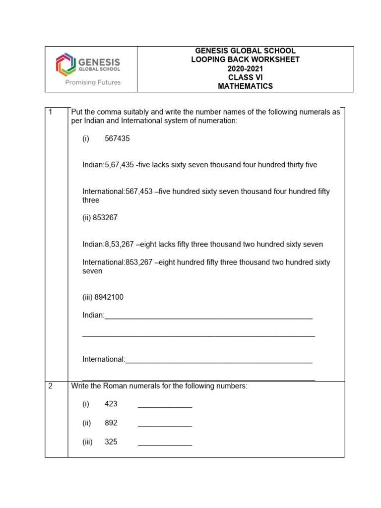 Class VI Math Practice Sheet | PDF