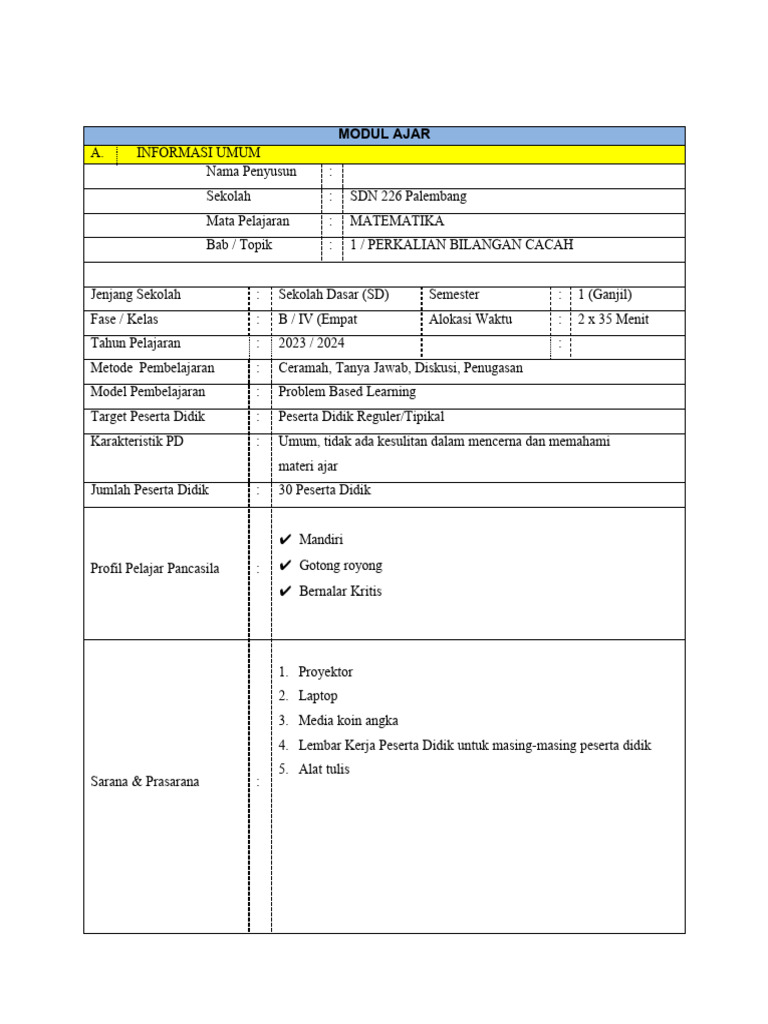 Modul Ajar Matematika Kelas 4 | PDF
