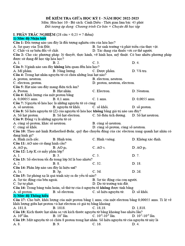 De Thi Giua HK1 Hoa 10 Canh Dieu Co Ma Tran Dac Ta | PDF