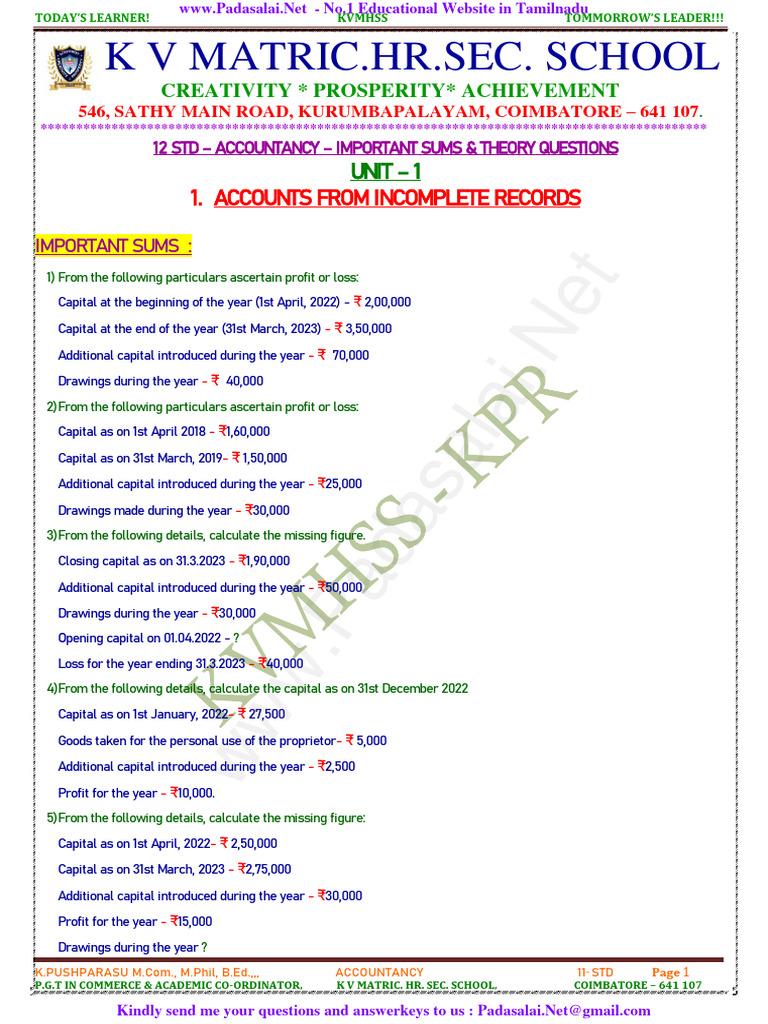 12th Accountancy EM Sums Study Materials English Medium PDF Download ...