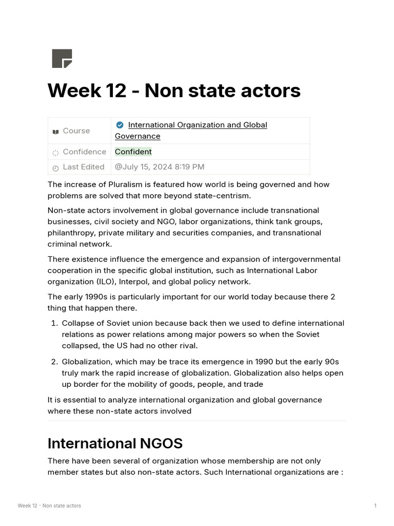 Week 12 - Non State Actors | PDF | Governance | Non Governmental ...