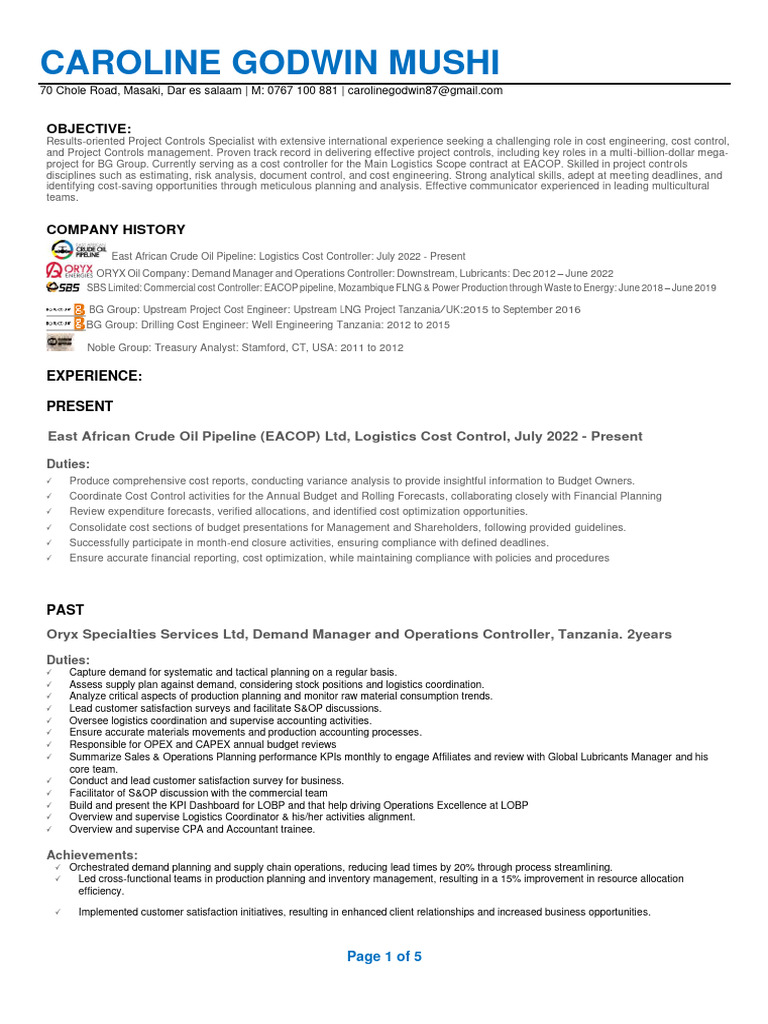 Caroline Mushi Project Cost Control Resume | PDF | Project Management ...